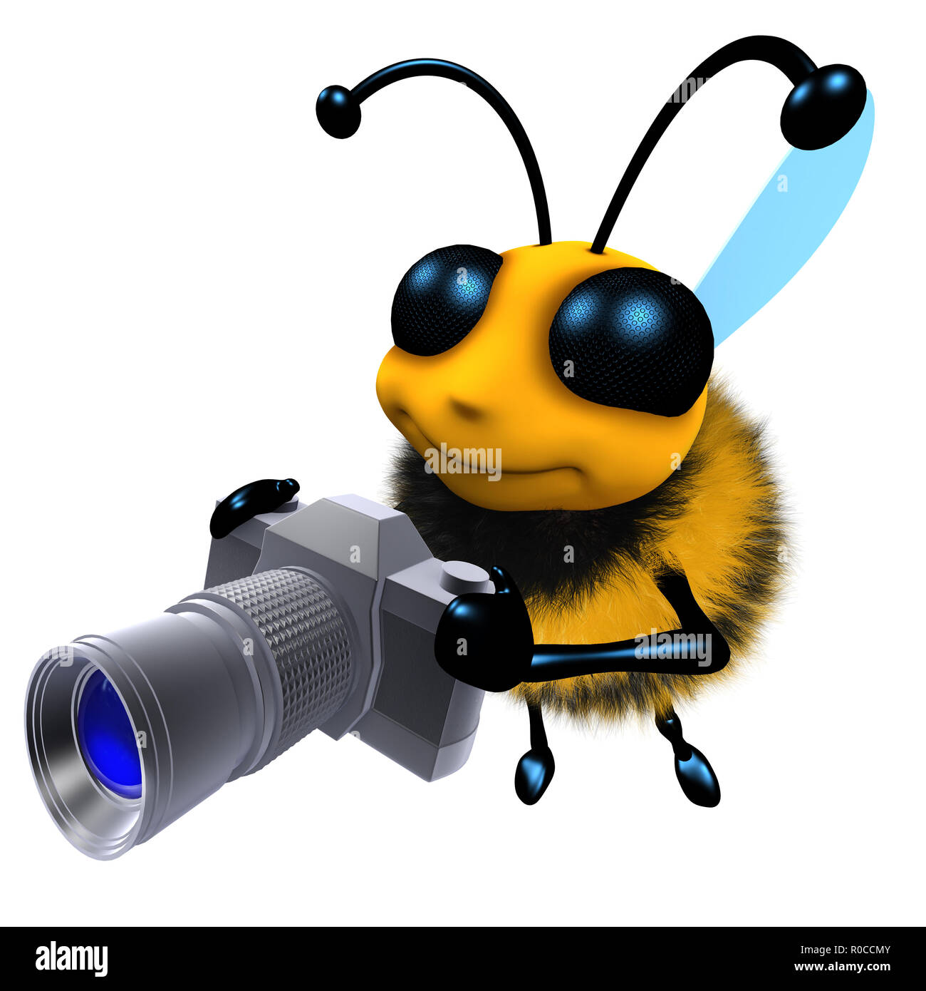 3d render of a funny cartoon honey bee character holding a camera Stock ...