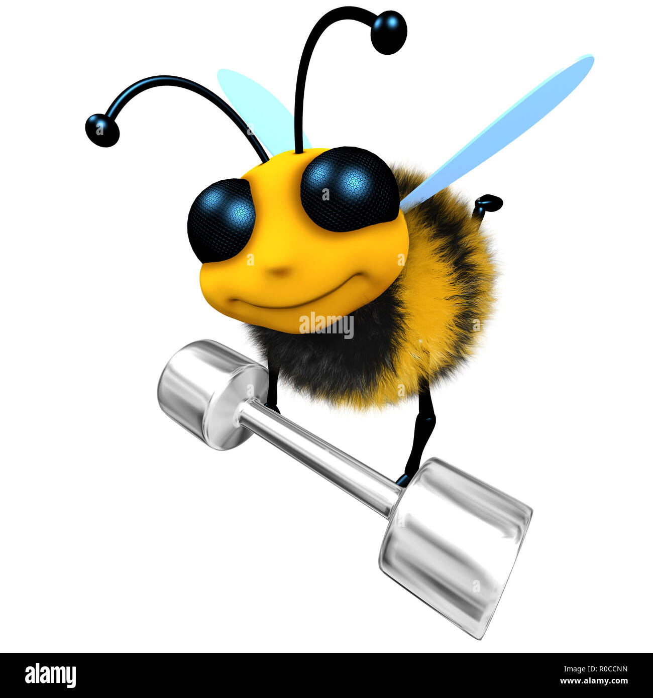3d render of a funny cartoon honey bee character lifting a heavy metal ...