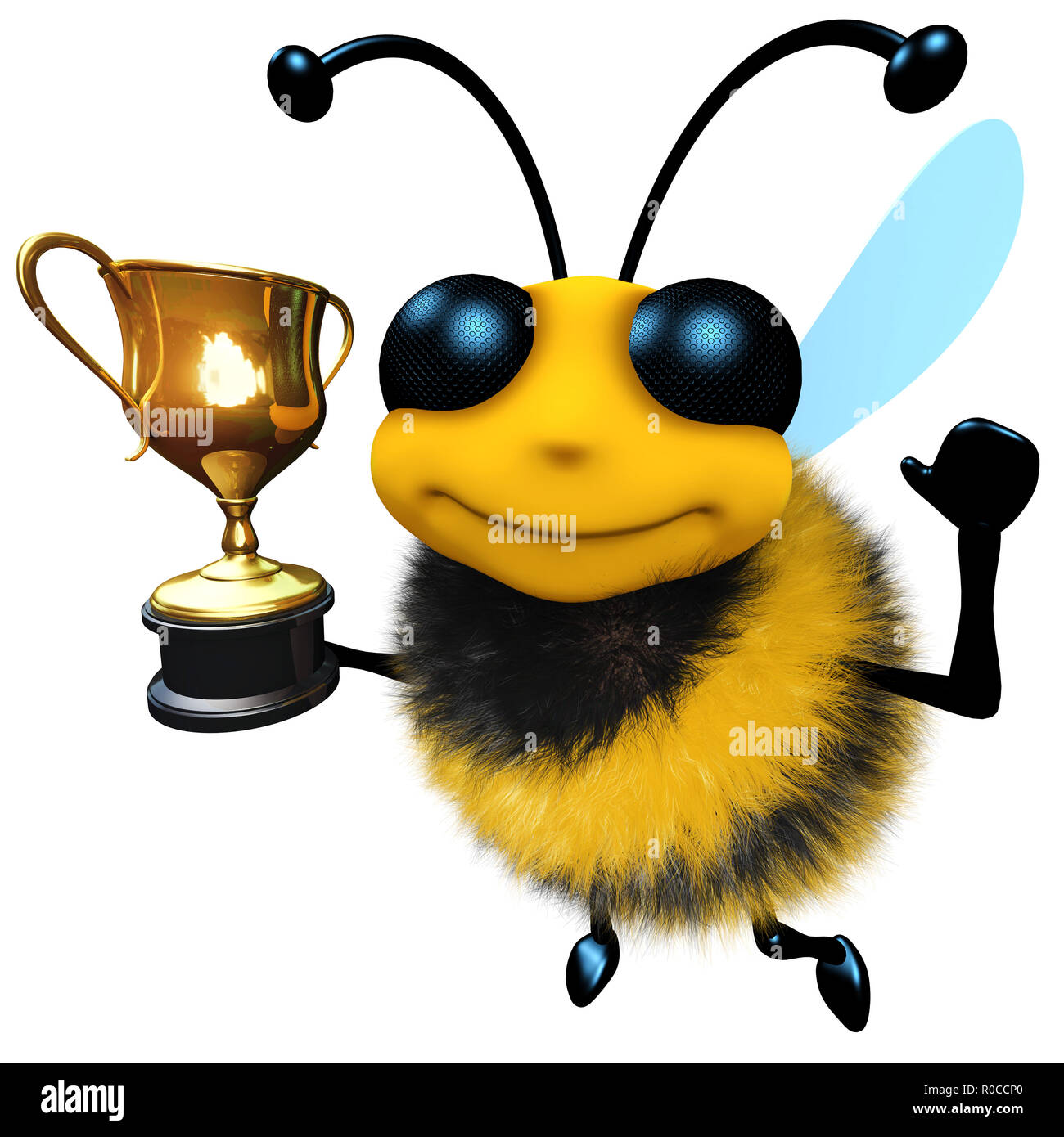 3d render of a funny cartoon honey bee character holding a gold cup ...