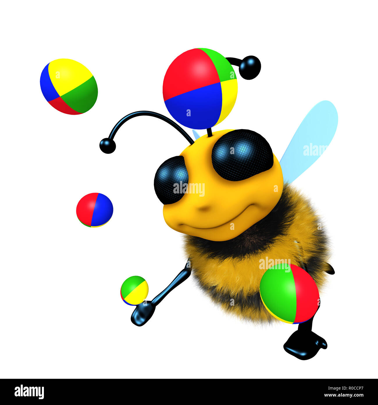 3d render of a funny cartoon honey bee character juggling some balls ...