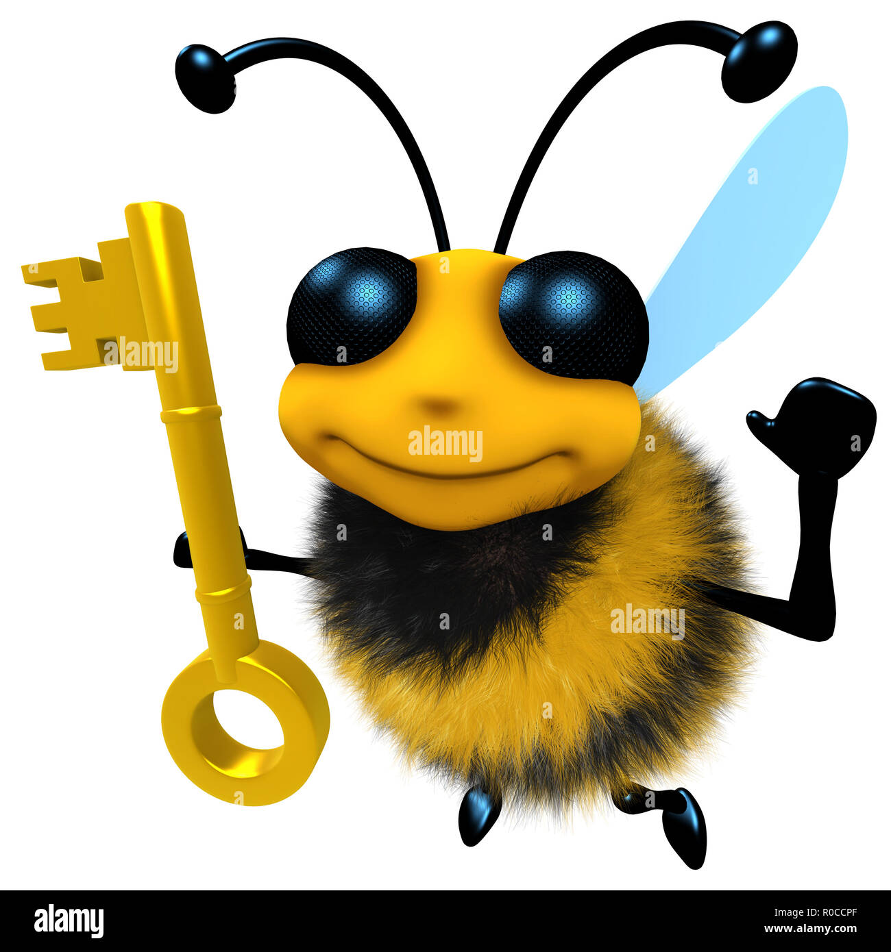 3d render of a funny cartoon honey bee character holding a gold key ...