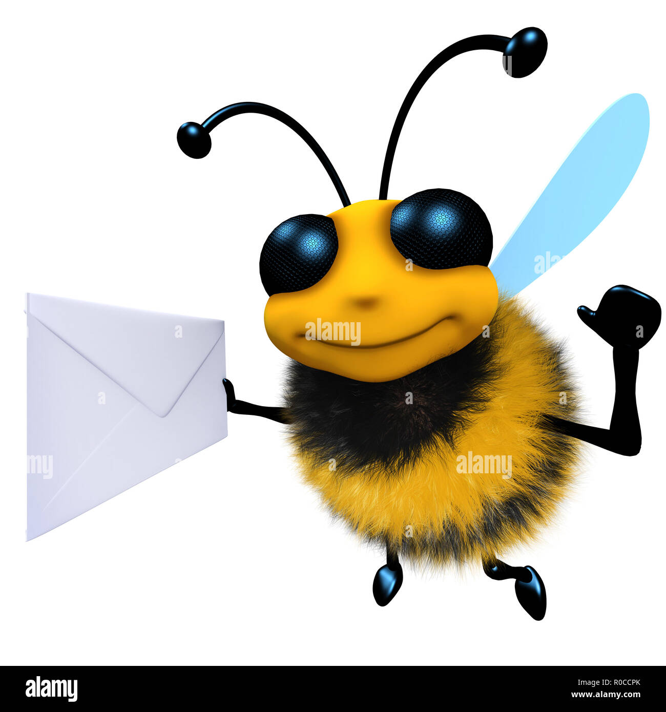 3d render of a funny cartoon honey bee character holding an envelope ...