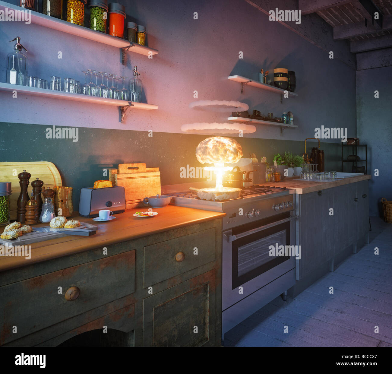 nuclear explosion on the kitchen pan. 3d creative concept rendering ...