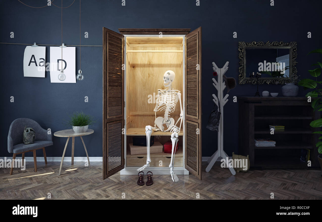 the skeleton in the closet. Creative conceptual idea. 3d rendering ...
