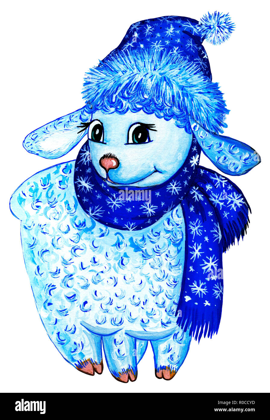 Blue curly hand-painted lamb in a New Year's hat and scarf with a ...