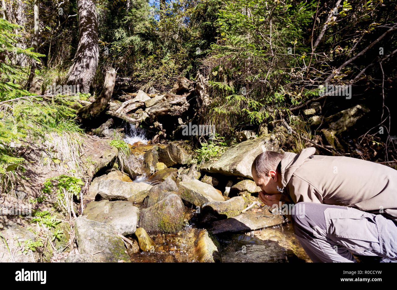 A man drinking water from a river. Man drinks water in the river ...