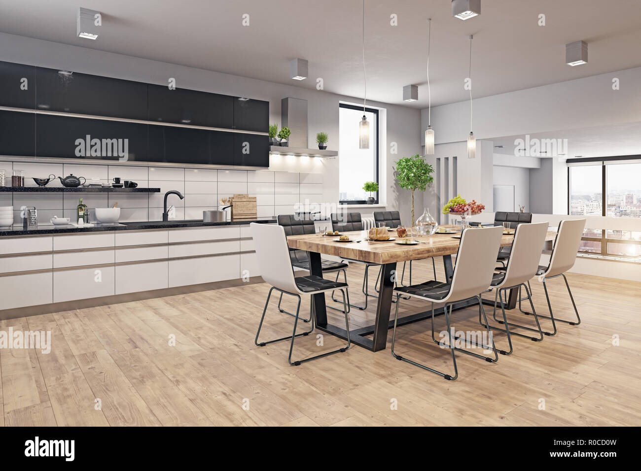 modern kitchen interior. 3d rendering design concept Stock Photo - Alamy
