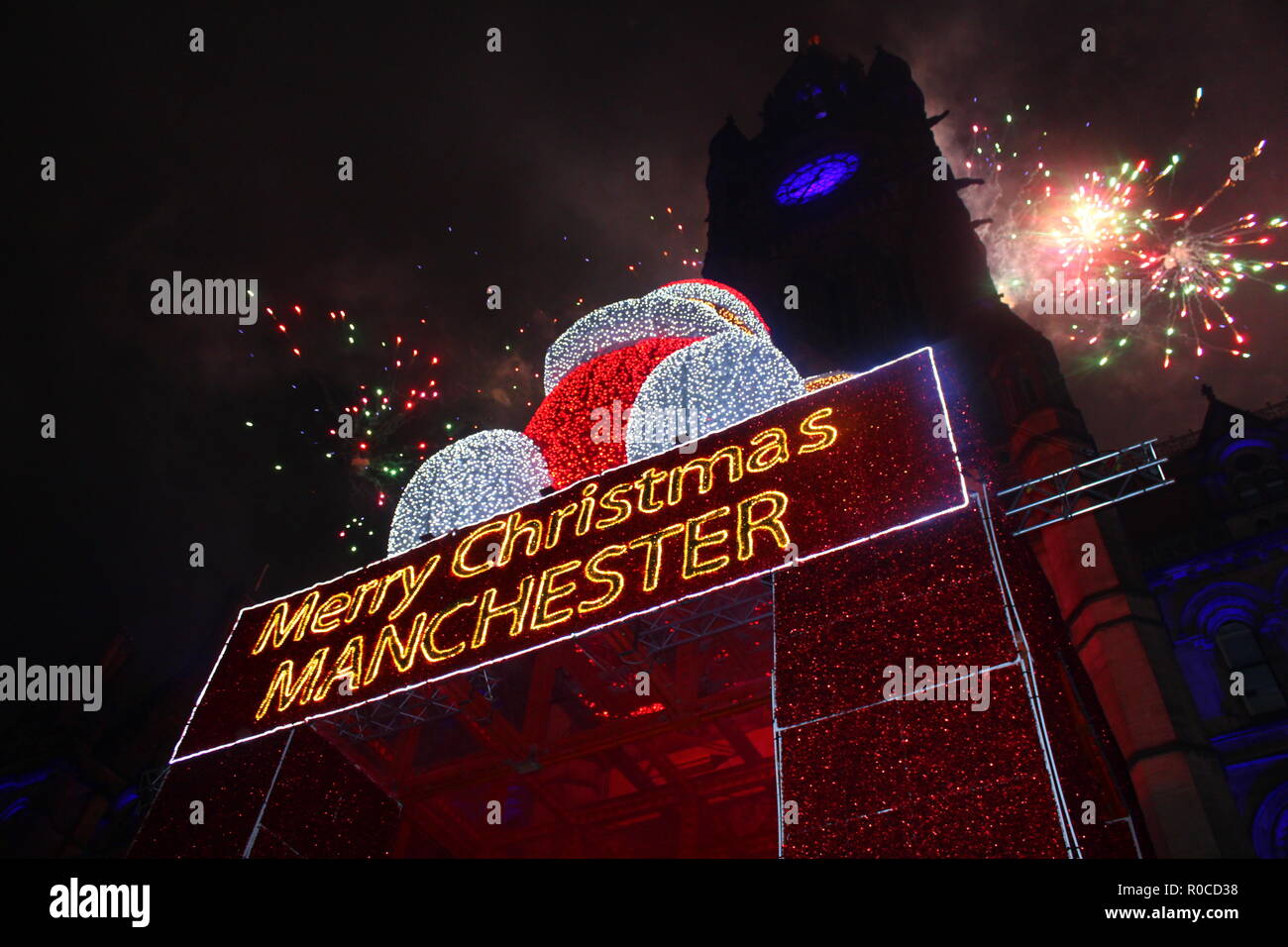 Manchester Christmas Lights Switch On With Fireworks Stock Photo - Alamy