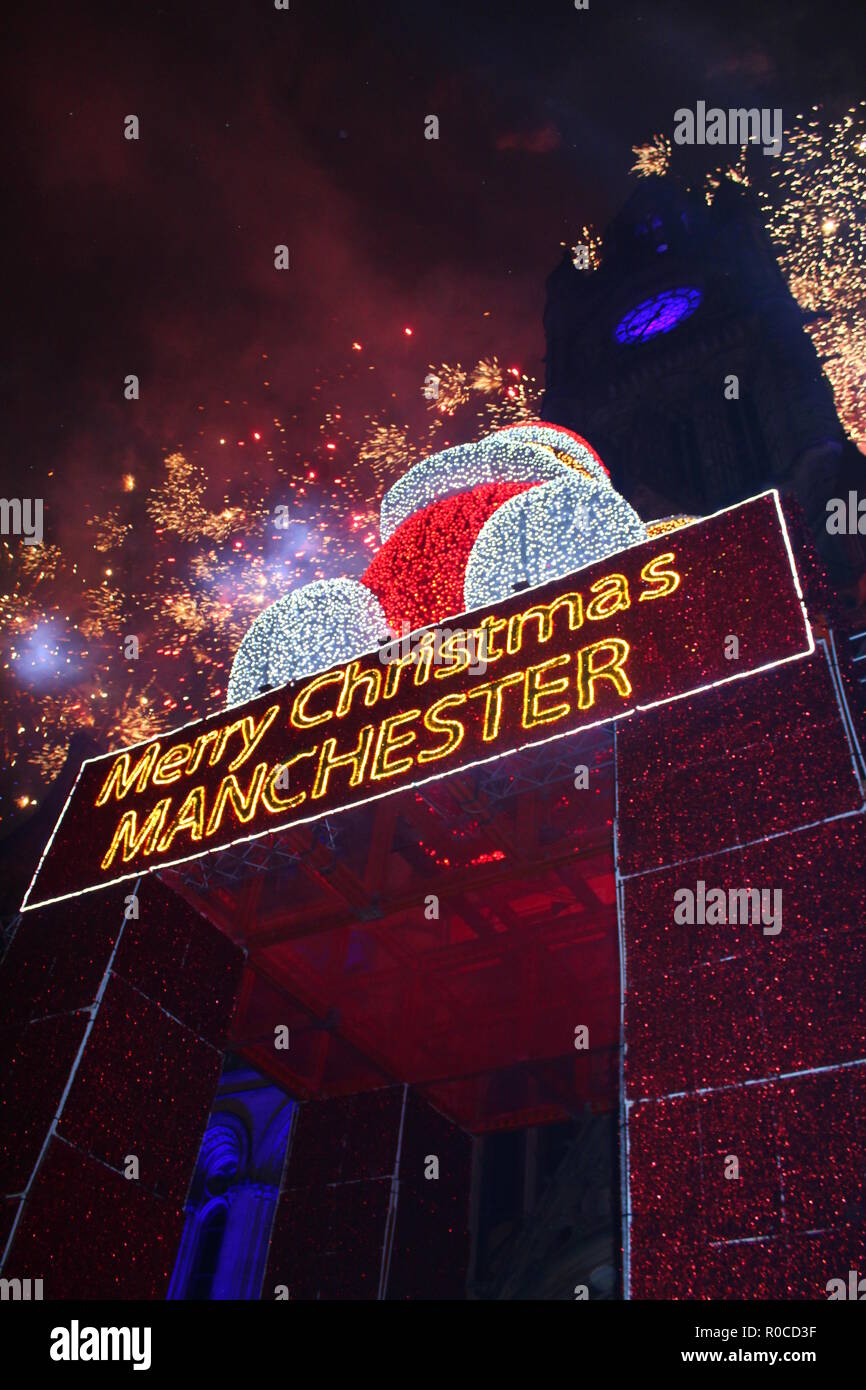 Manchester Christmas Lights Switch On With Fireworks Stock Photo - Alamy