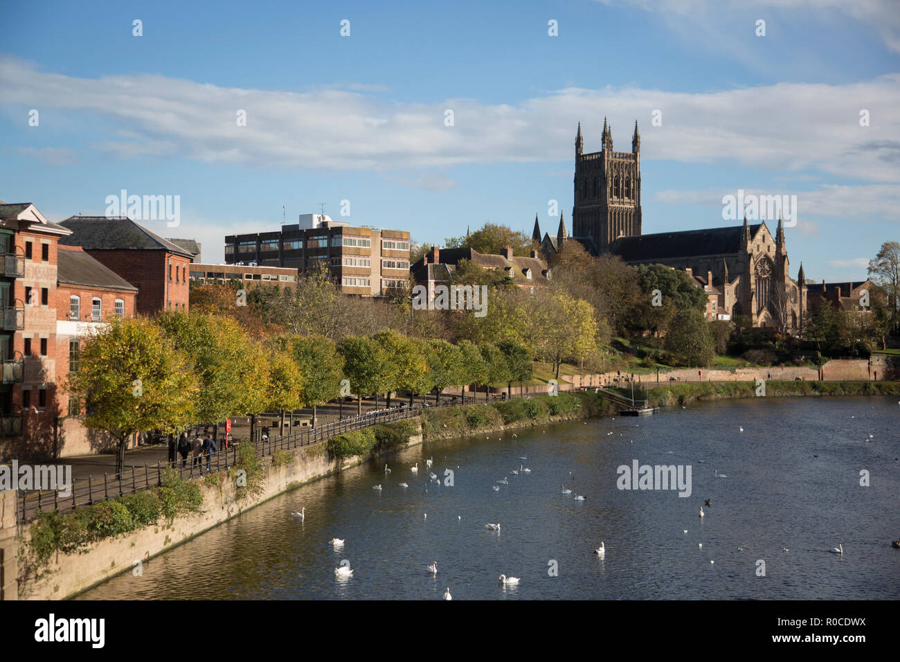 River passing next to Worcester cathedral on a sunny day with a blue ...