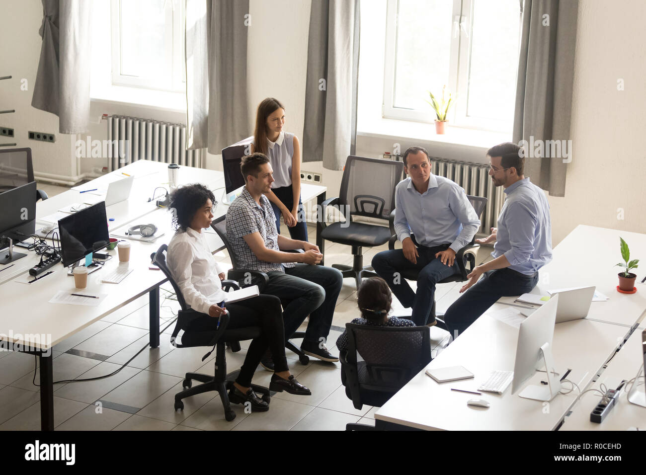 Serious ceo speaking at corporate group meeting, mentoring, top Stock ...