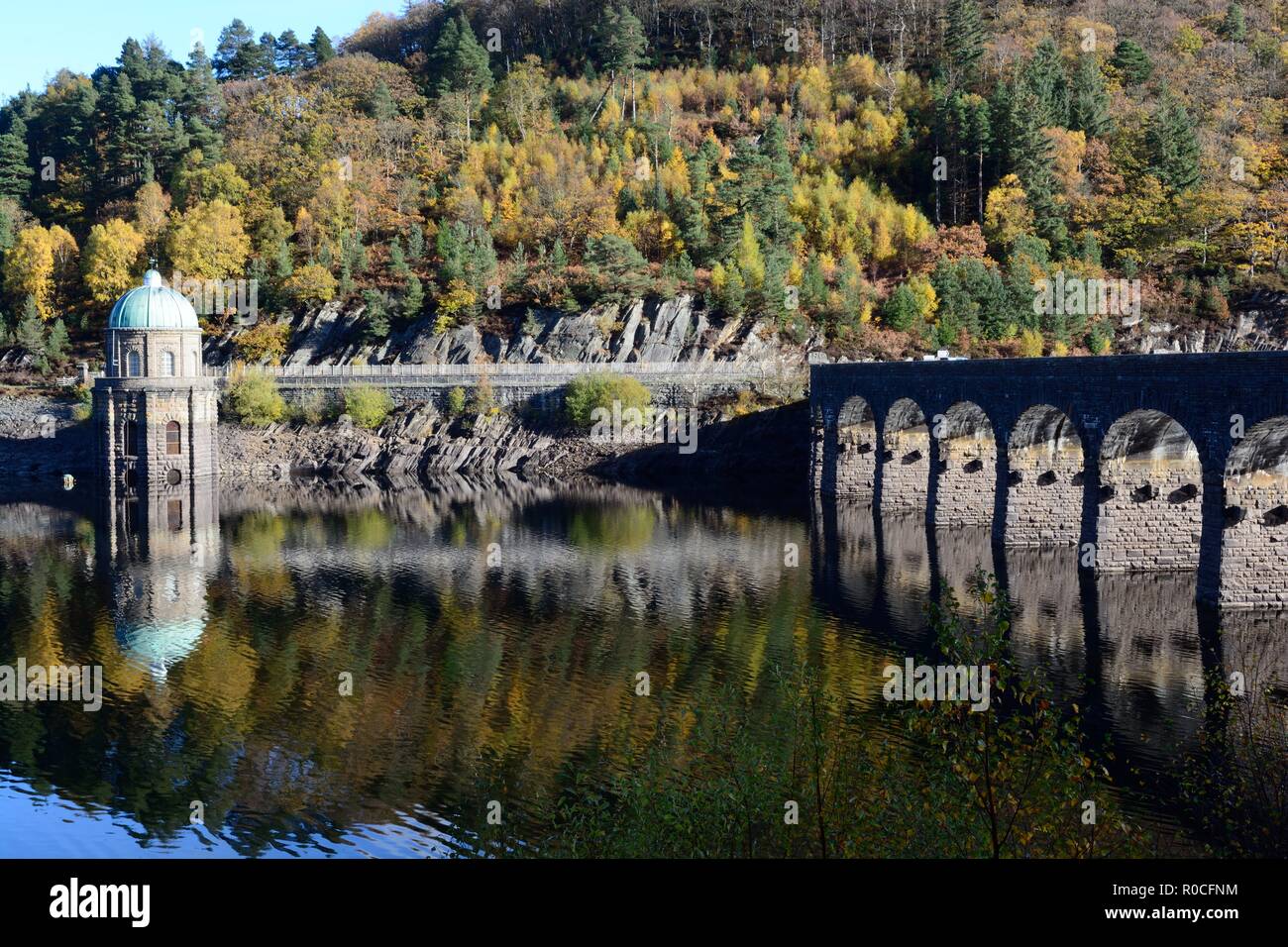 Stone road bridge viaduct over Garreg Ddu Dam Reservoir Elan Valley ...