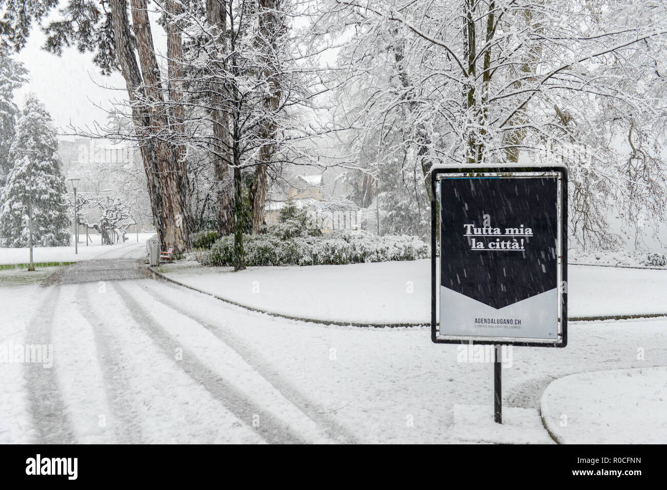 The botanical garden Ciani at Lugano on Switzerland with snow Stock ...