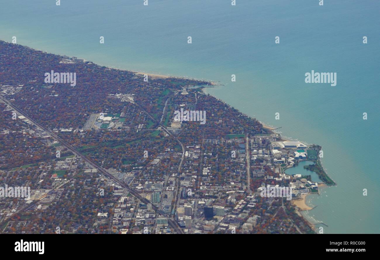 Aerial view of the campus of Northwestern University in Evanston, North ...