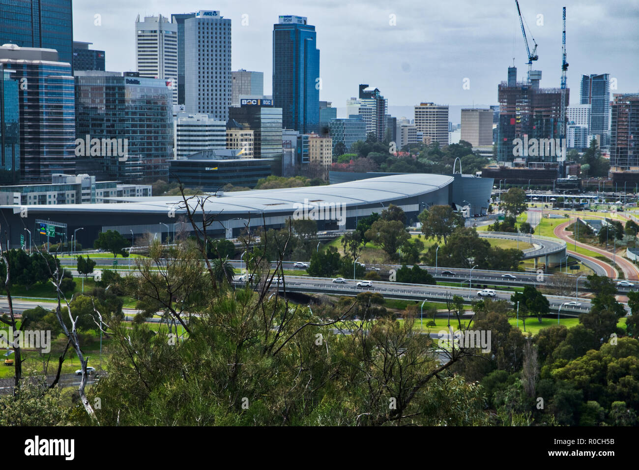 Construction work Perth Skyline and freeway Stock Photo - Alamy