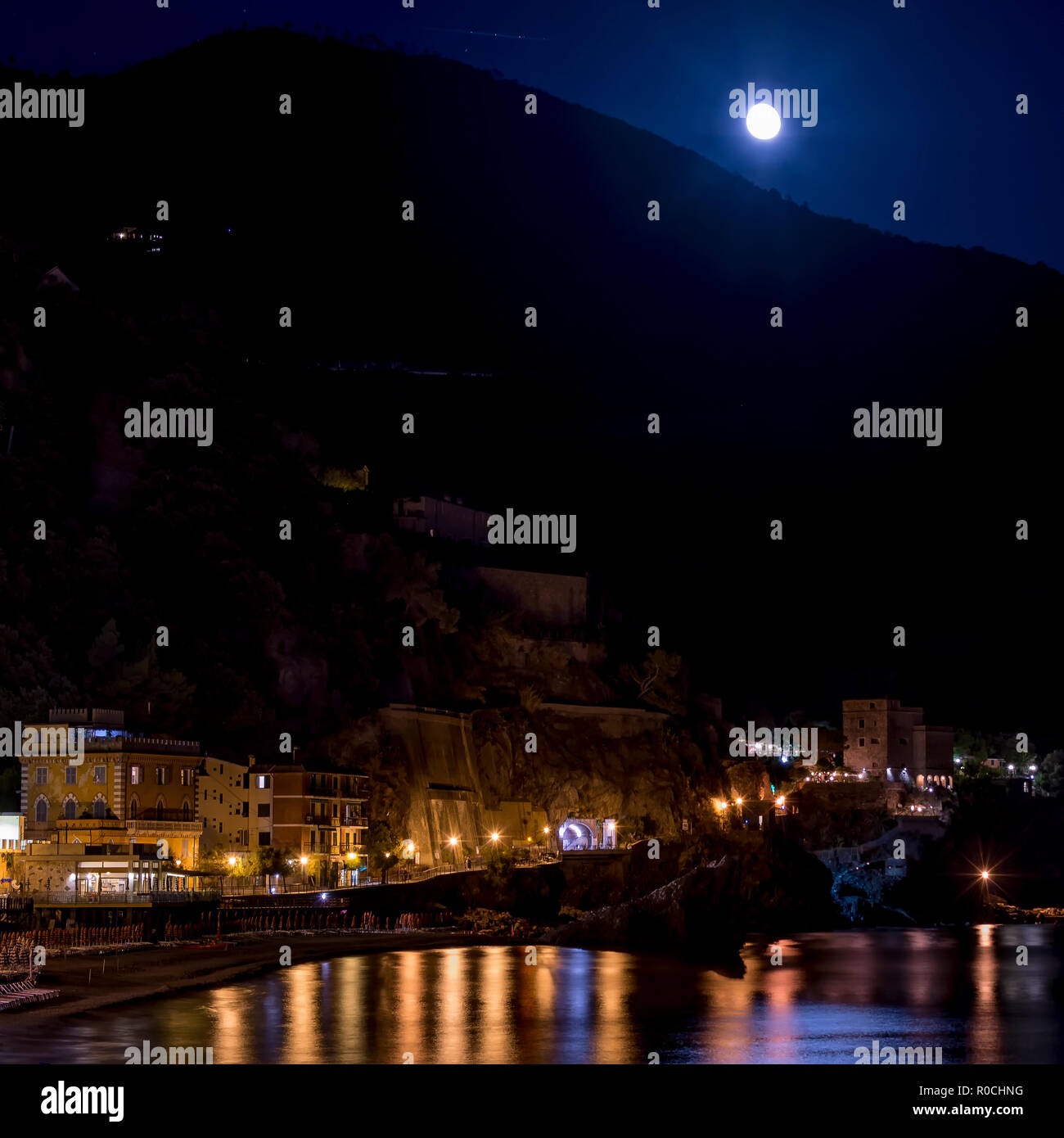 The moon rises from behind the mountain, Monterosso al mare, Cinque ...