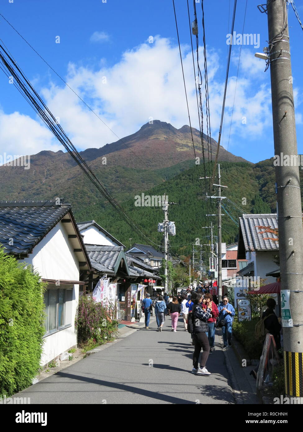 A view of the Japanese town of Yufuin, with Mount Yufu in the ...