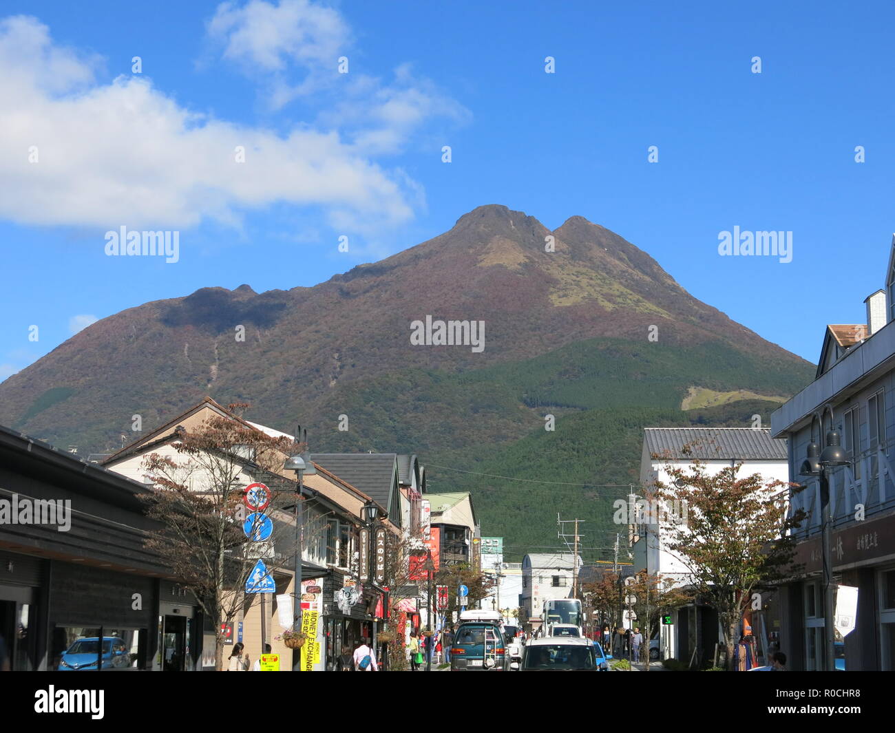 A view of the Japanese town of Yufuin, with Mount Yufu in the ...