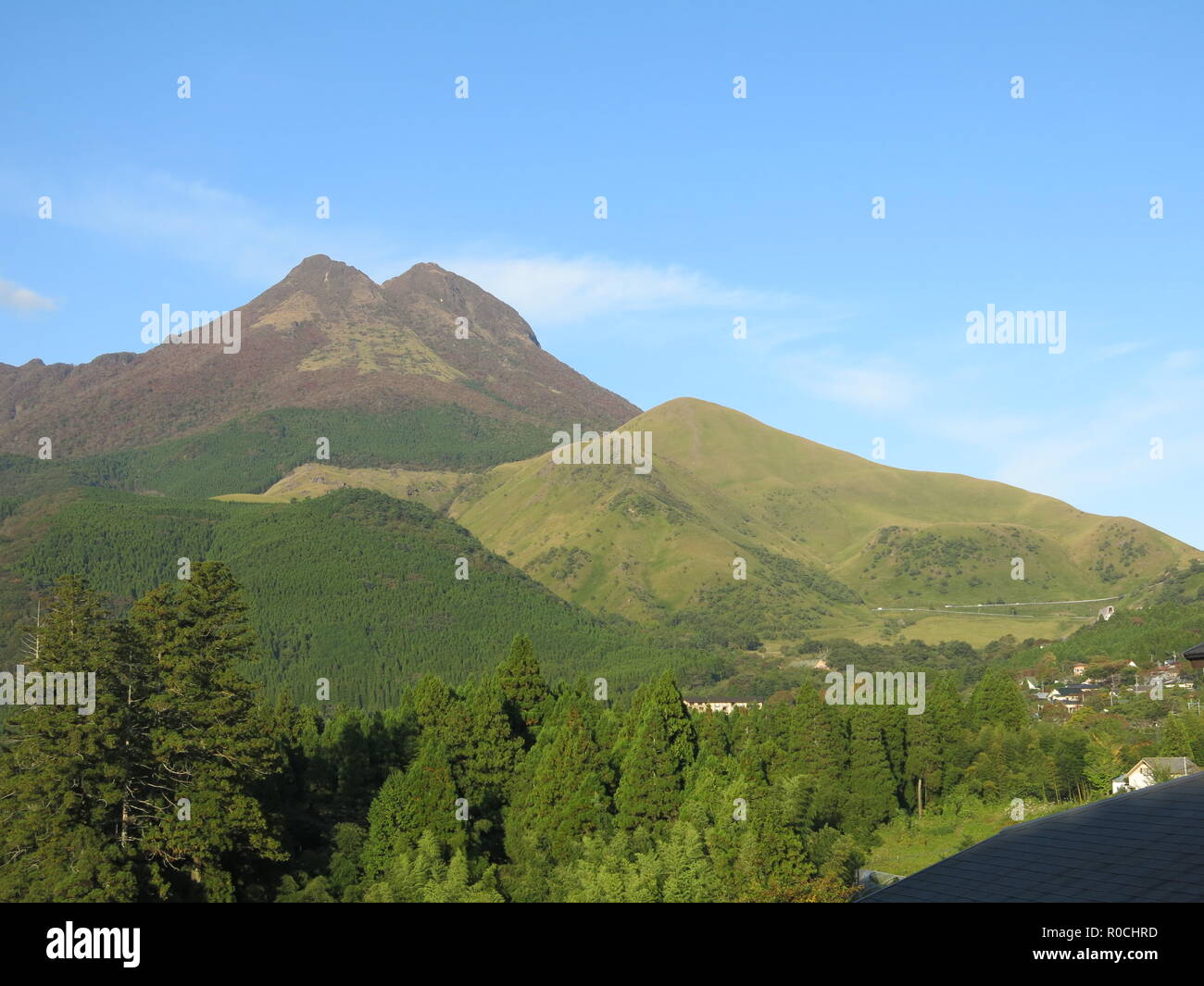 A view of Mount Yufu, the spectacular backdrop to the tourist town of ...