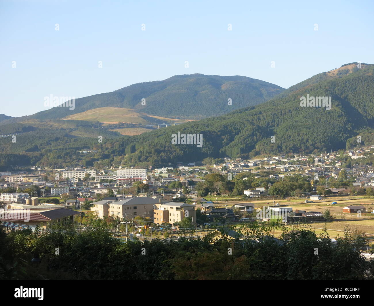 A view of Mount Yufu, the spectacular backdrop to the tourist town of ...