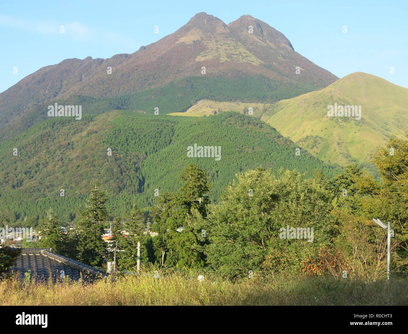 A view of Mount Yufu, the spectacular backdrop to the tourist town of ...