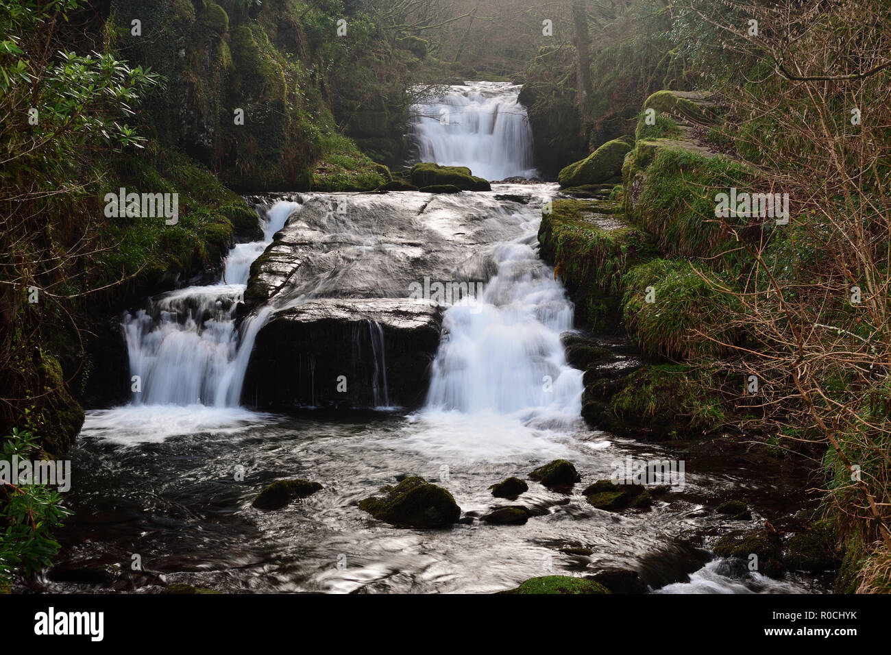 Long exposure of the big waterfall at Watersmeet in Devon Stock Photo ...