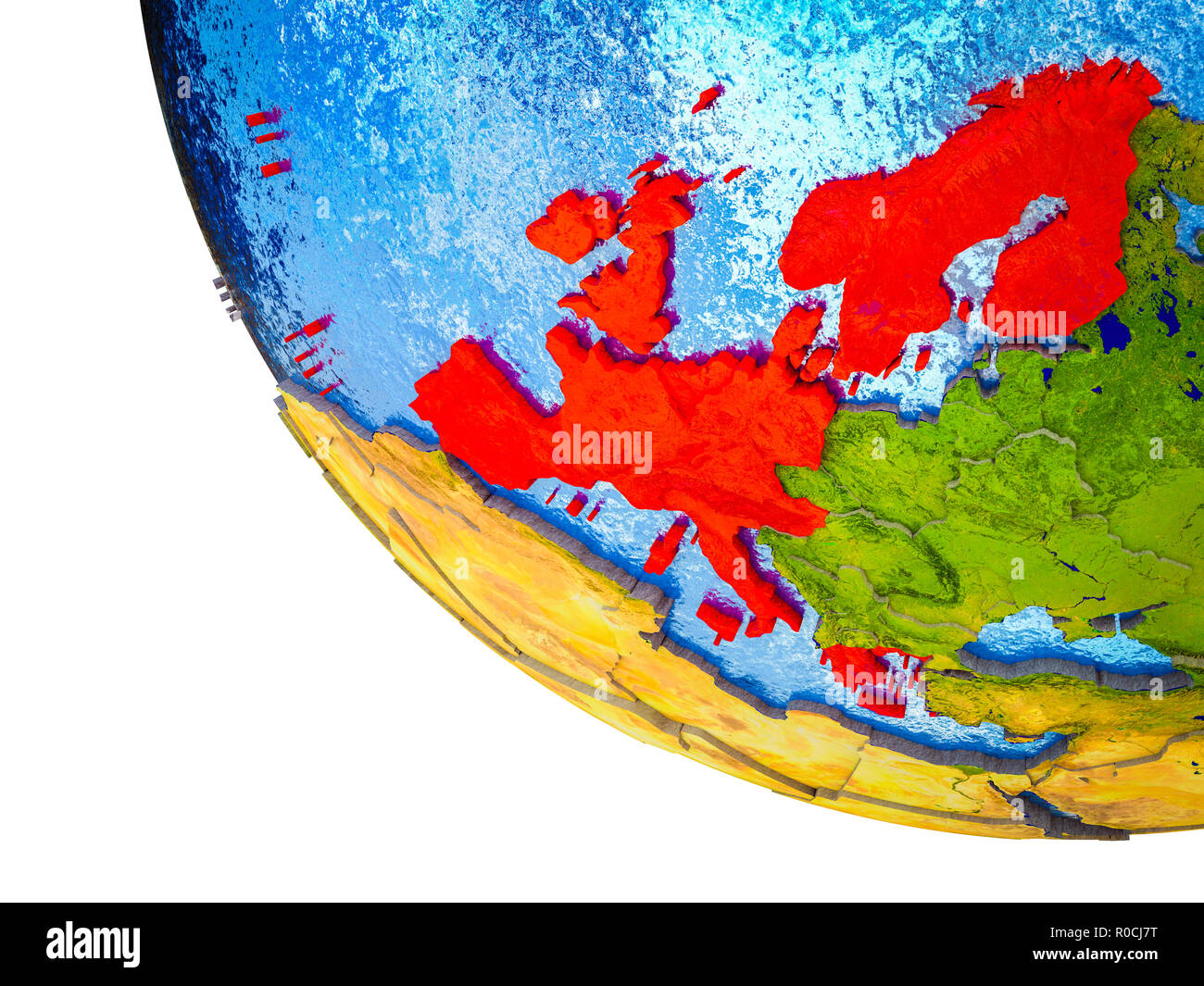 Western Europe on model of Earth with country borders and blue oceans ...