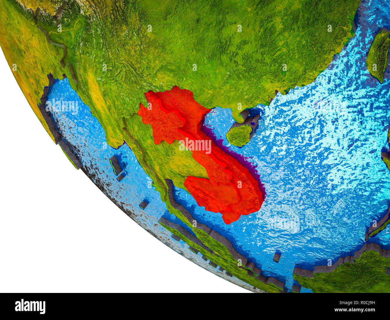 Indochina on model of Earth with country borders and blue oceans with ...