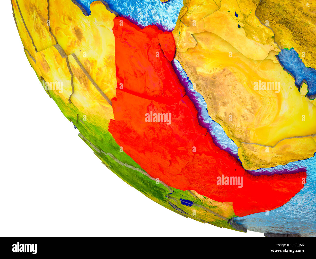 Northeast Africa on model of Earth with country borders and blue oceans ...
