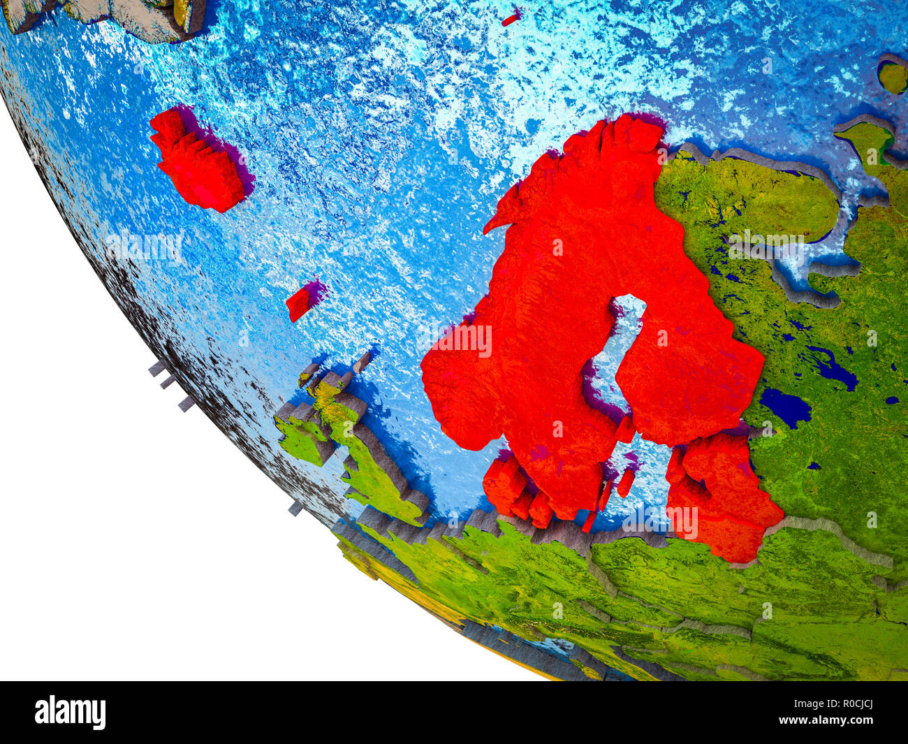 Northern Europe on model of Earth with country borders and blue oceans ...
