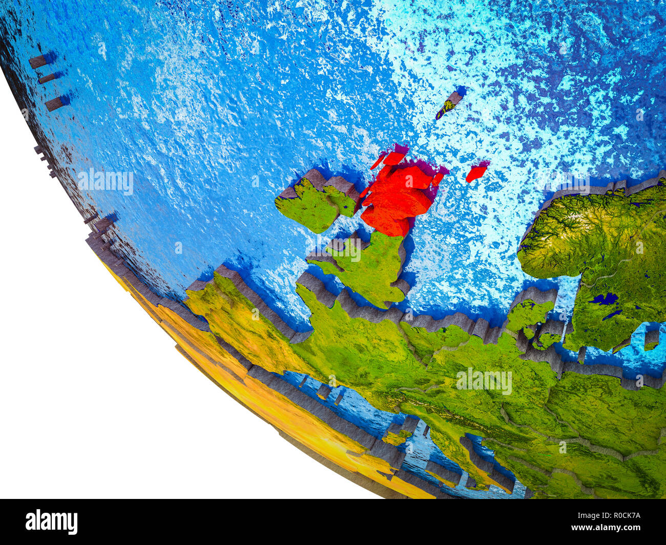 Scotland on model of Earth with country borders and blue oceans with ...