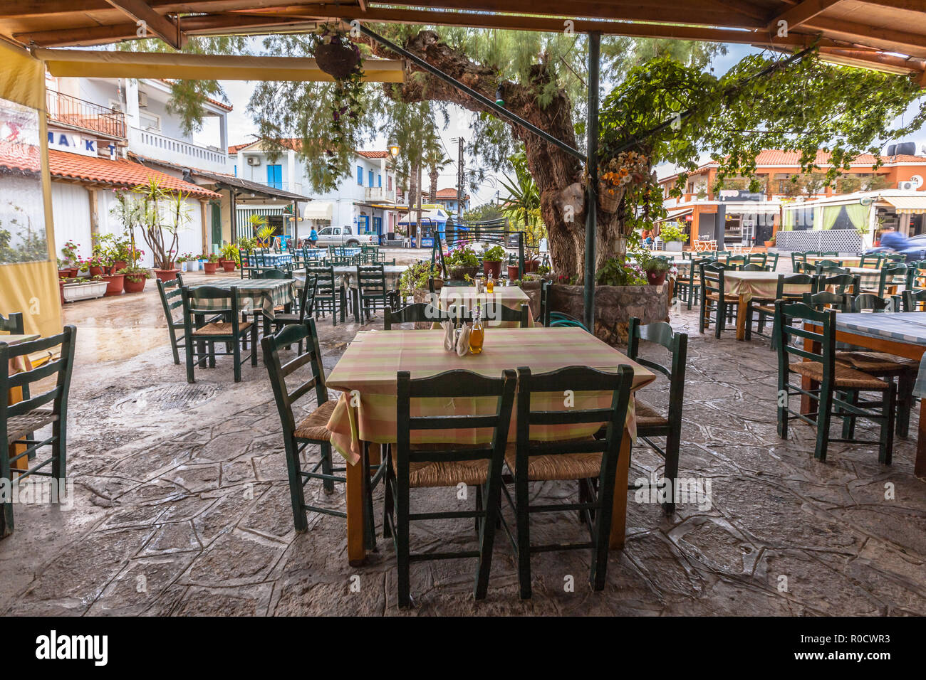 Empty wooden table chairs under tree hi-res stock photography and ...