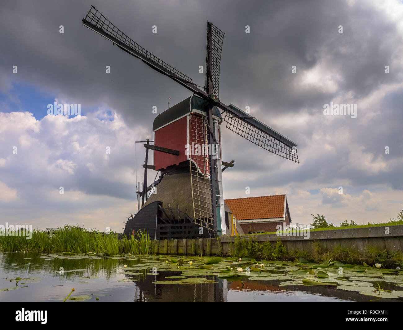 Historic wooden windmill in a polder environment near Amsterdam Stock ...