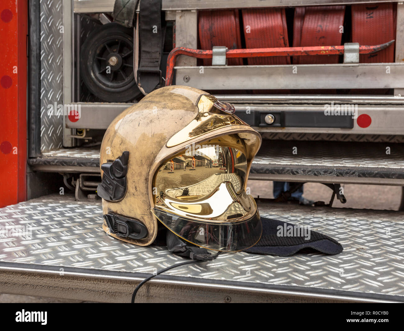 Helmet and Other Inventory of a Fire Engine Stock Photo - Alamy