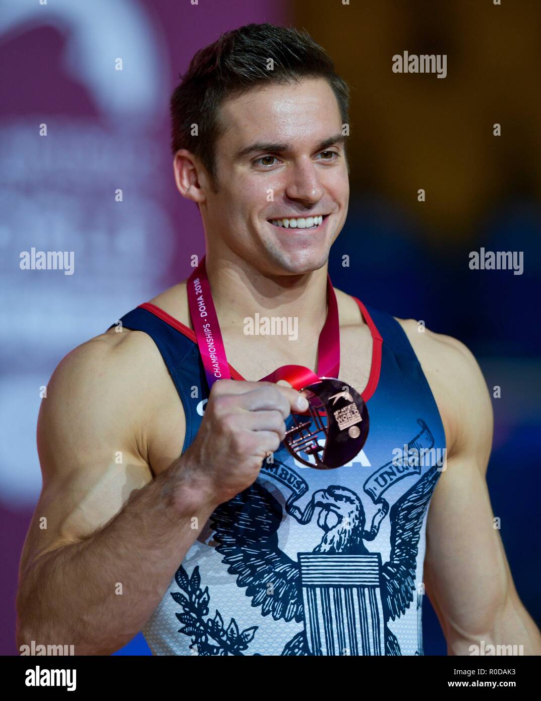 Doha, Qatar. 3rd Nov, 2018. Samuel Mikulak of the United States poses ...