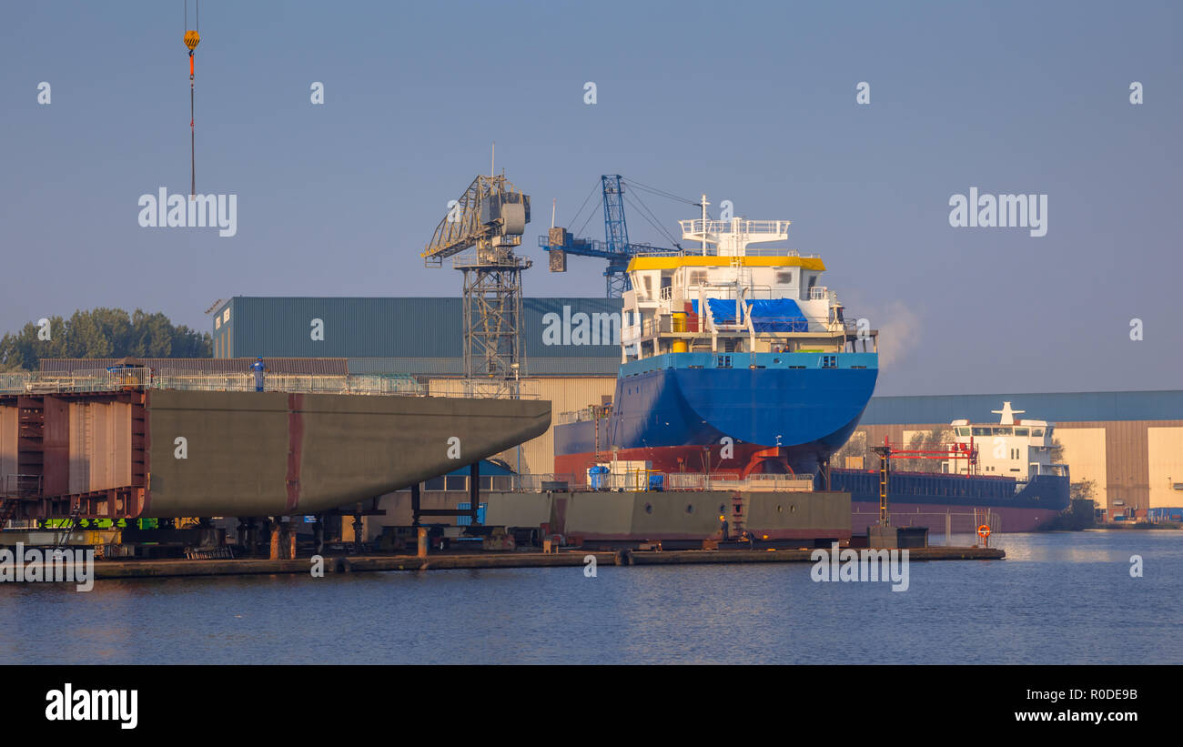 Cargo Ships Being Constructed on a Wharf in the Netherlands Stock Photo ...