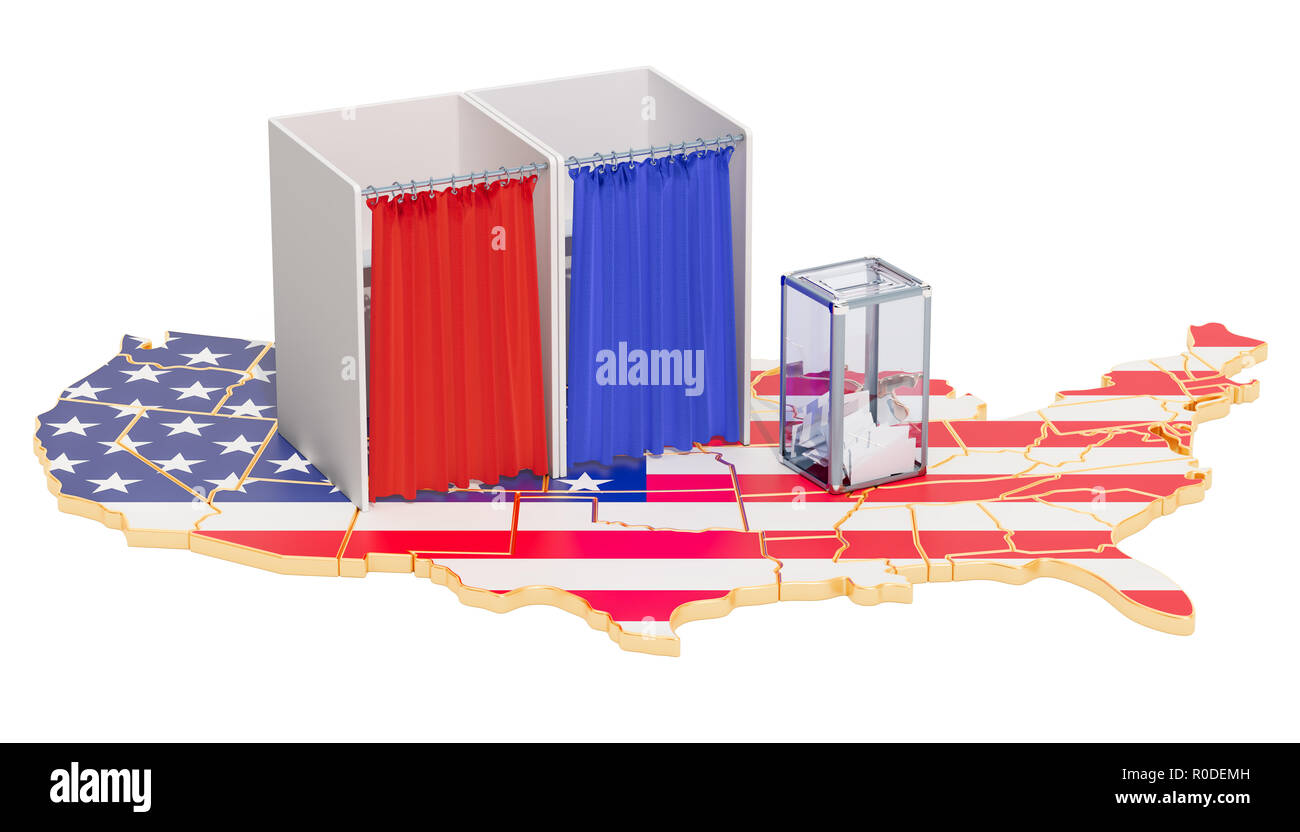 American election concept, ballot box with voting booths on map of the ...