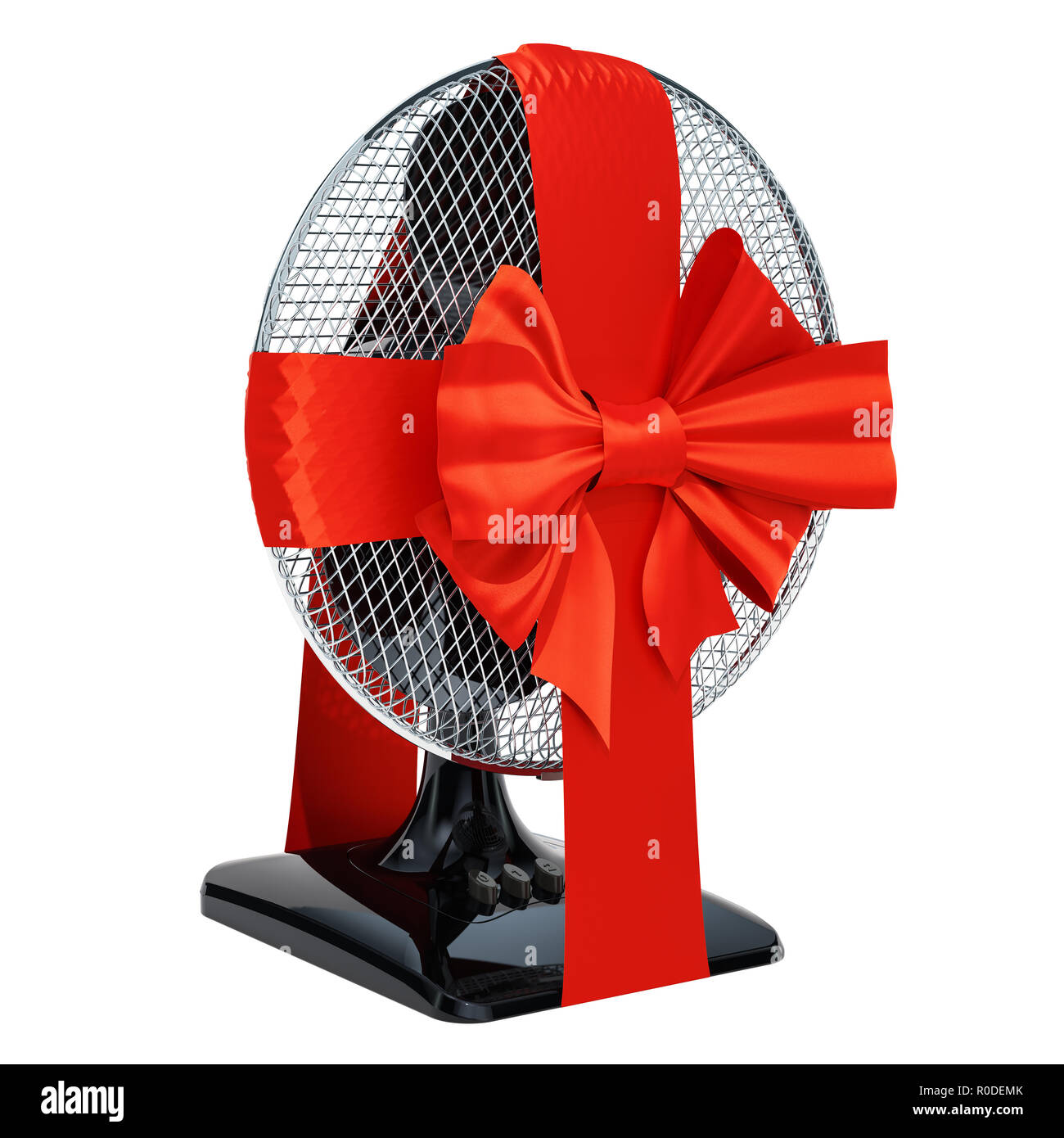 Gift concept, table fan with red ribbon and bow. 3D rendering isolated ...