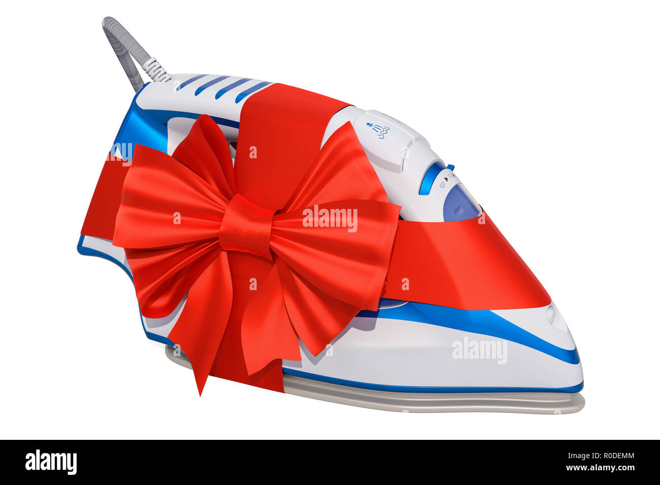 Gift concept, electric steam iron with red ribbon and bow. 3D rendering ...