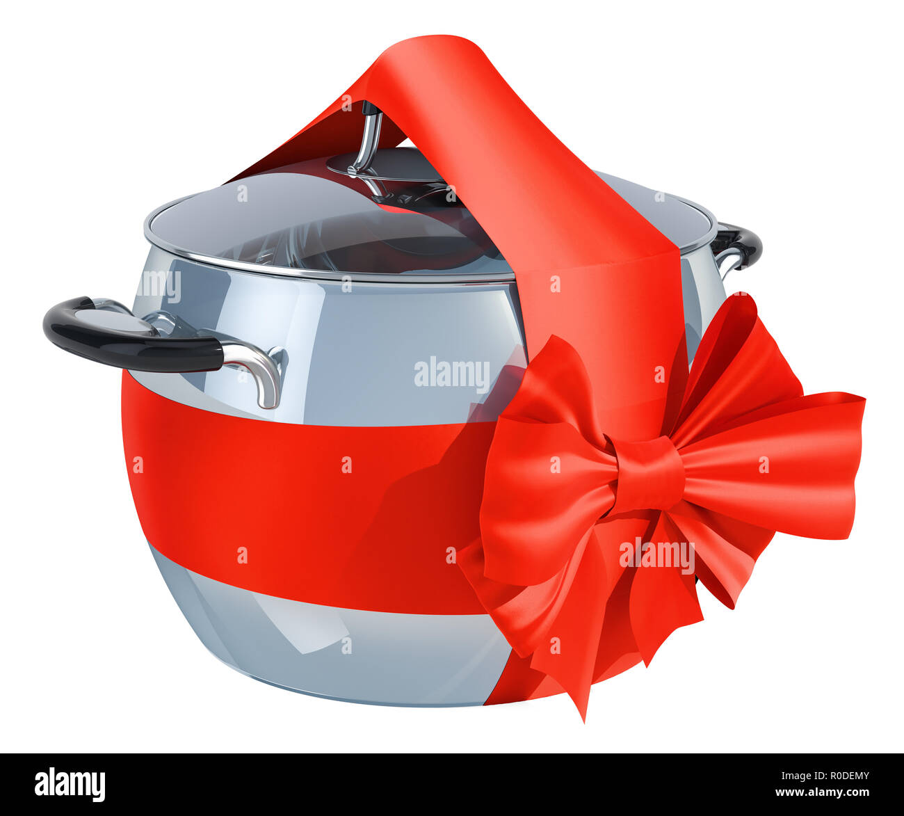Cooking stainless with red ribbon and bow. 3D rendering isolated on ...