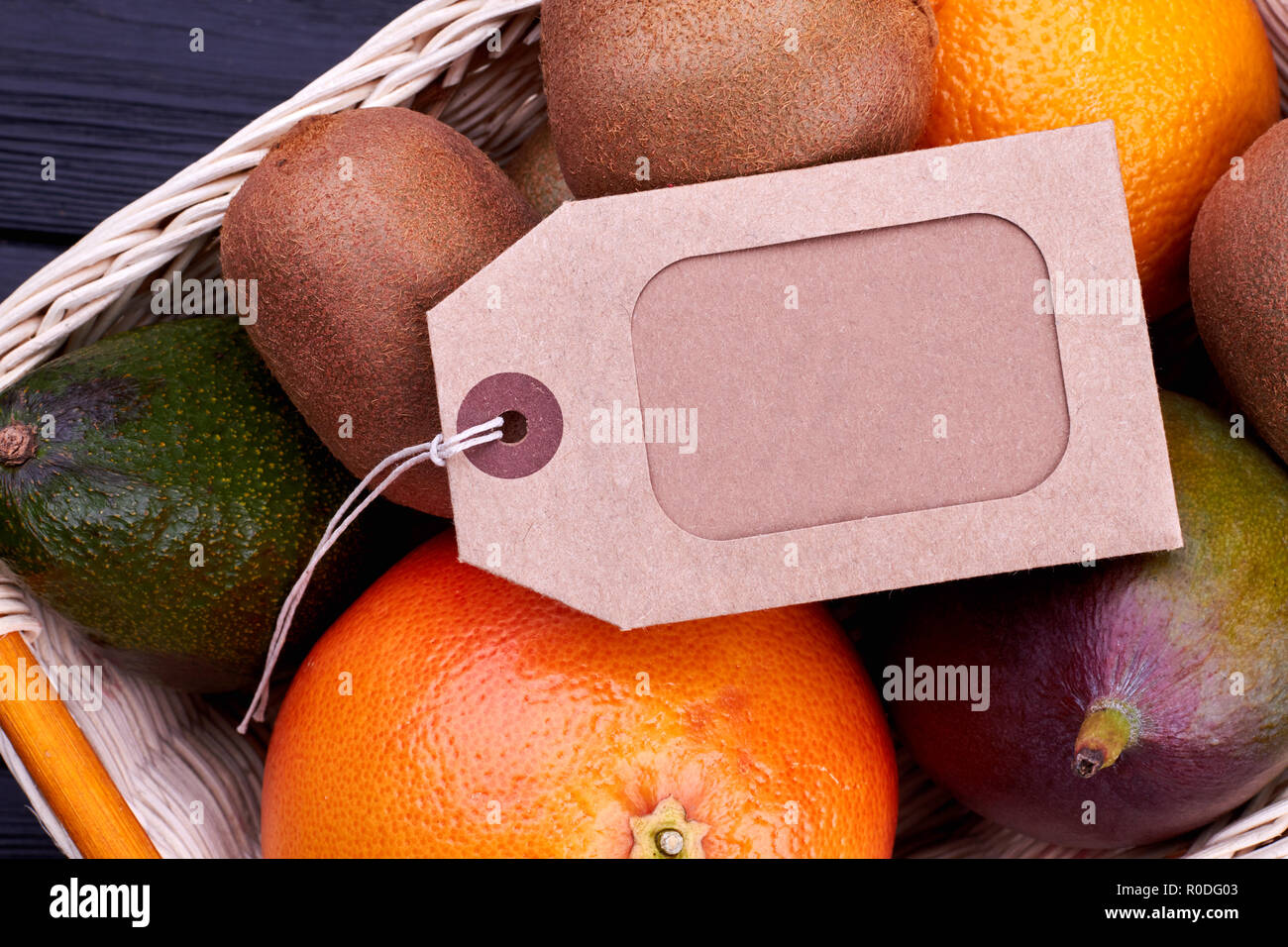 Mix of fresh fruits and blank price tag Stock Photo - Alamy