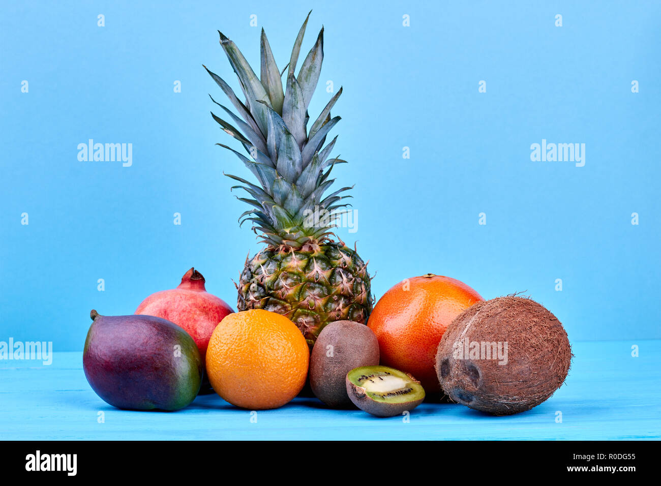 Composition with exotic fruits, front view Stock Photo - Alamy