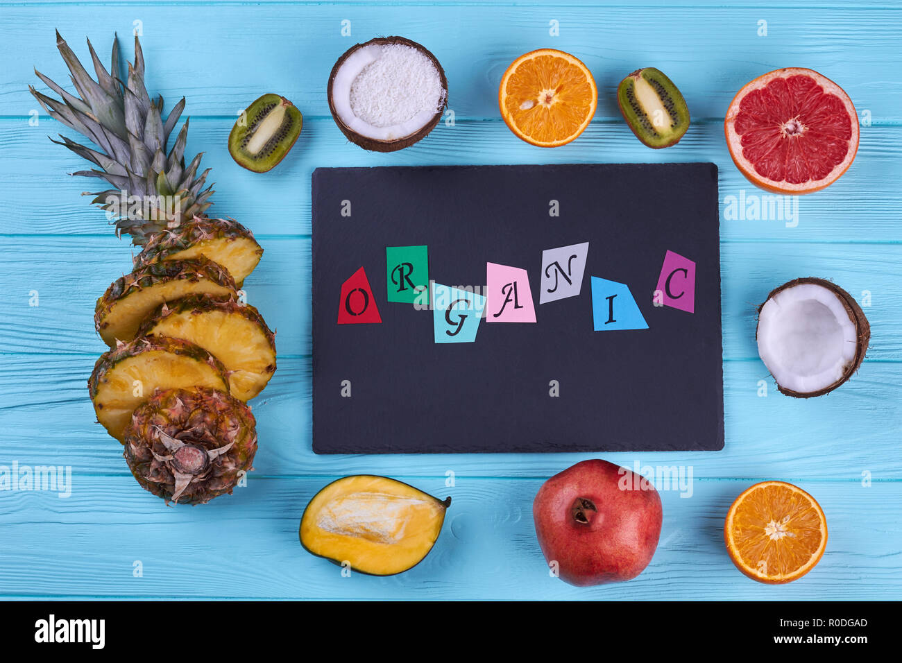 Composition of organic fruits, top view Stock Photo - Alamy