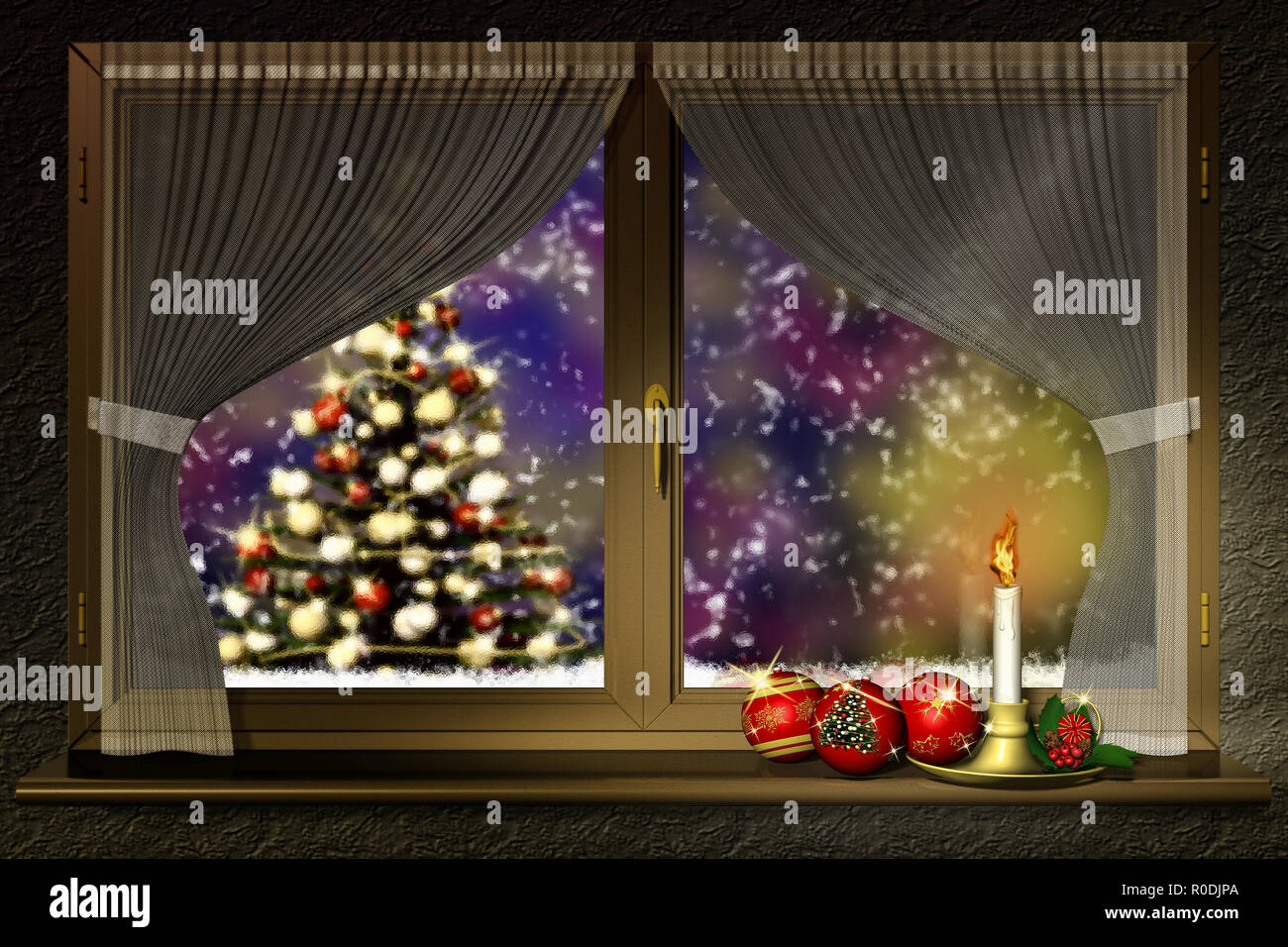 3D illustration. Window with Christmas decoration. Winter landscape at ...