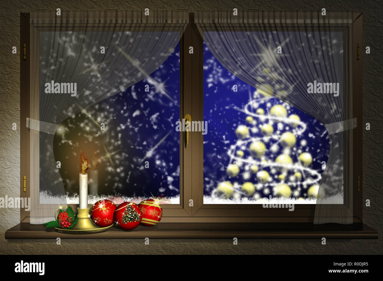 3D illustration. Window with Christmas decoration. Winter landscape at ...