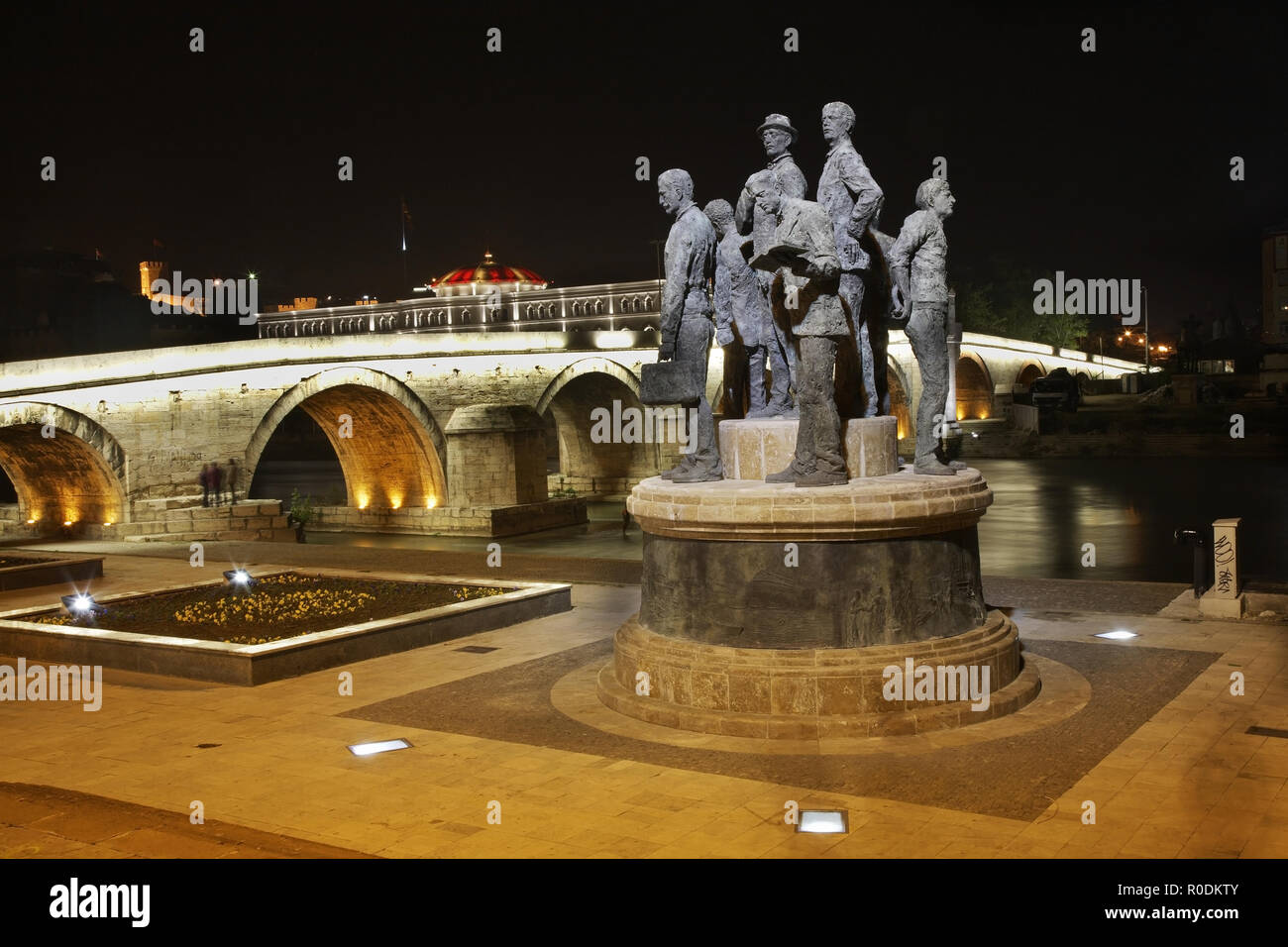 Sculpture near Stone Bridge and the Vardar River in Skopje. Macedonia ...