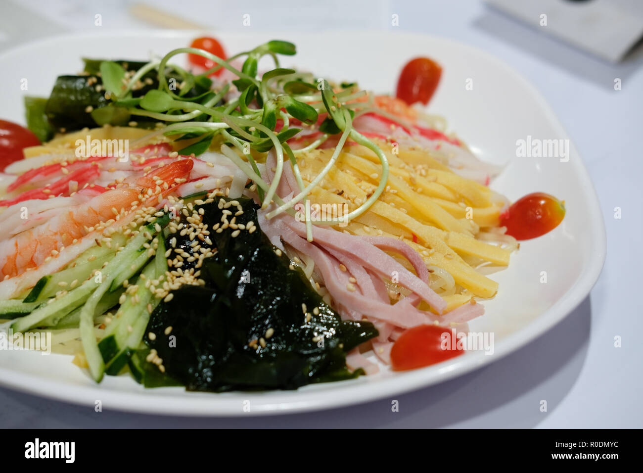 chilled cold cool somen noodle. japanese food with ham egg seaweed ...