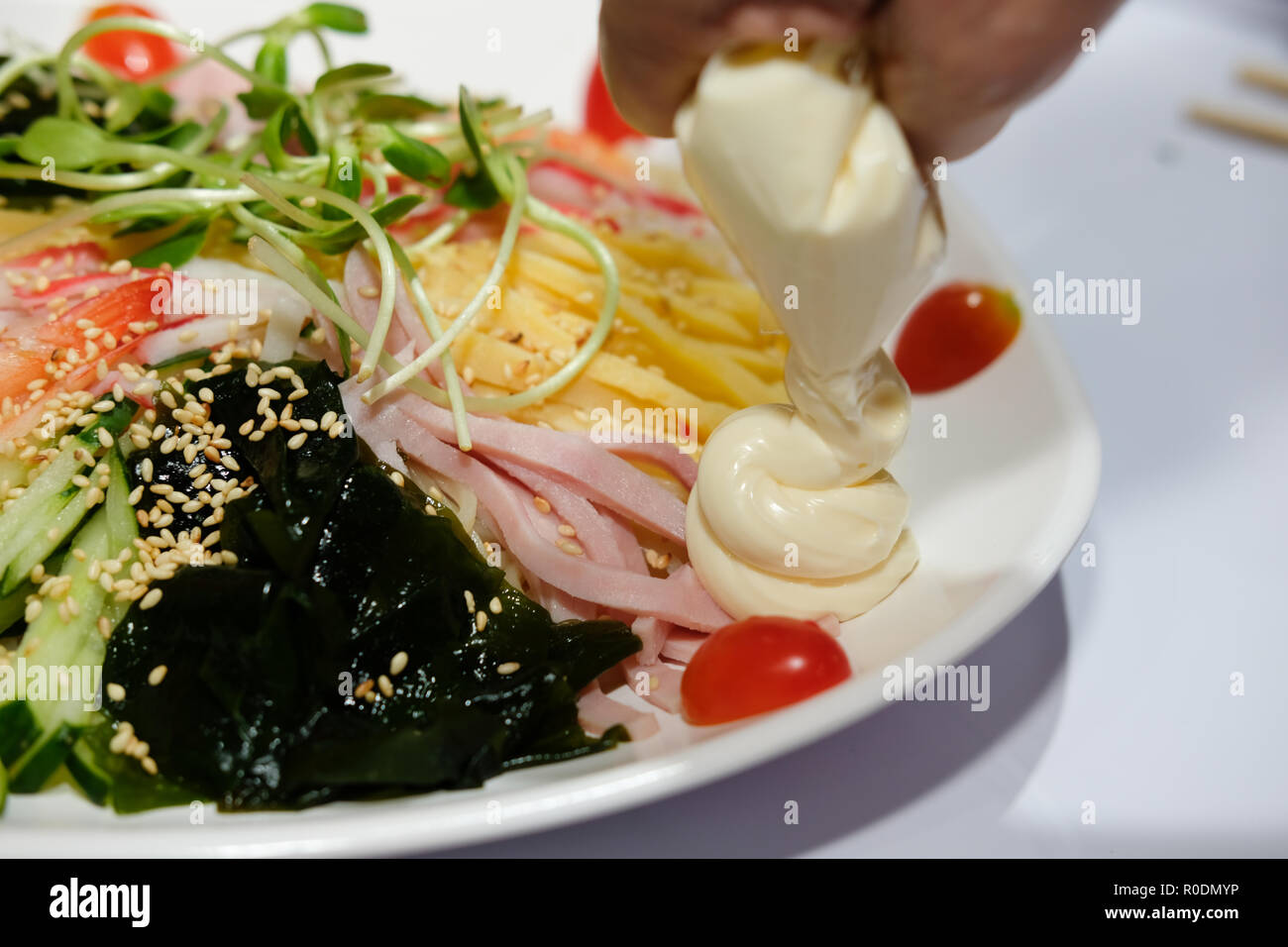 chilled cold cool somen noodle. japanese food with ham egg seaweed ...