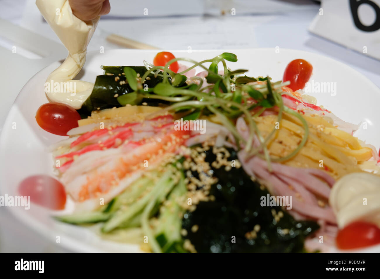 chilled cold cool somen noodle. japanese food with ham egg seaweed ...