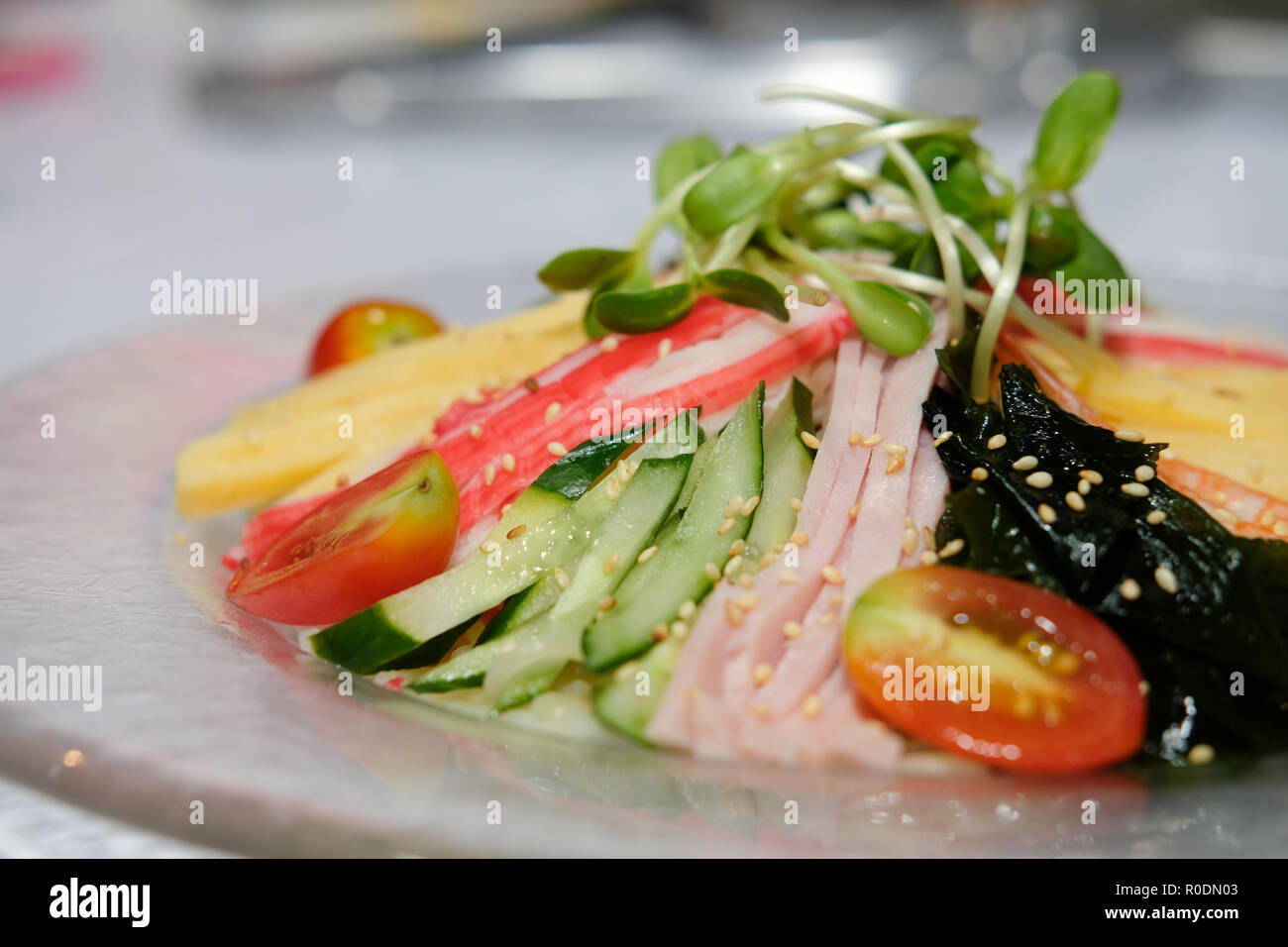 chilled cold cool somen noodle. japanese food with ham egg seaweed ...